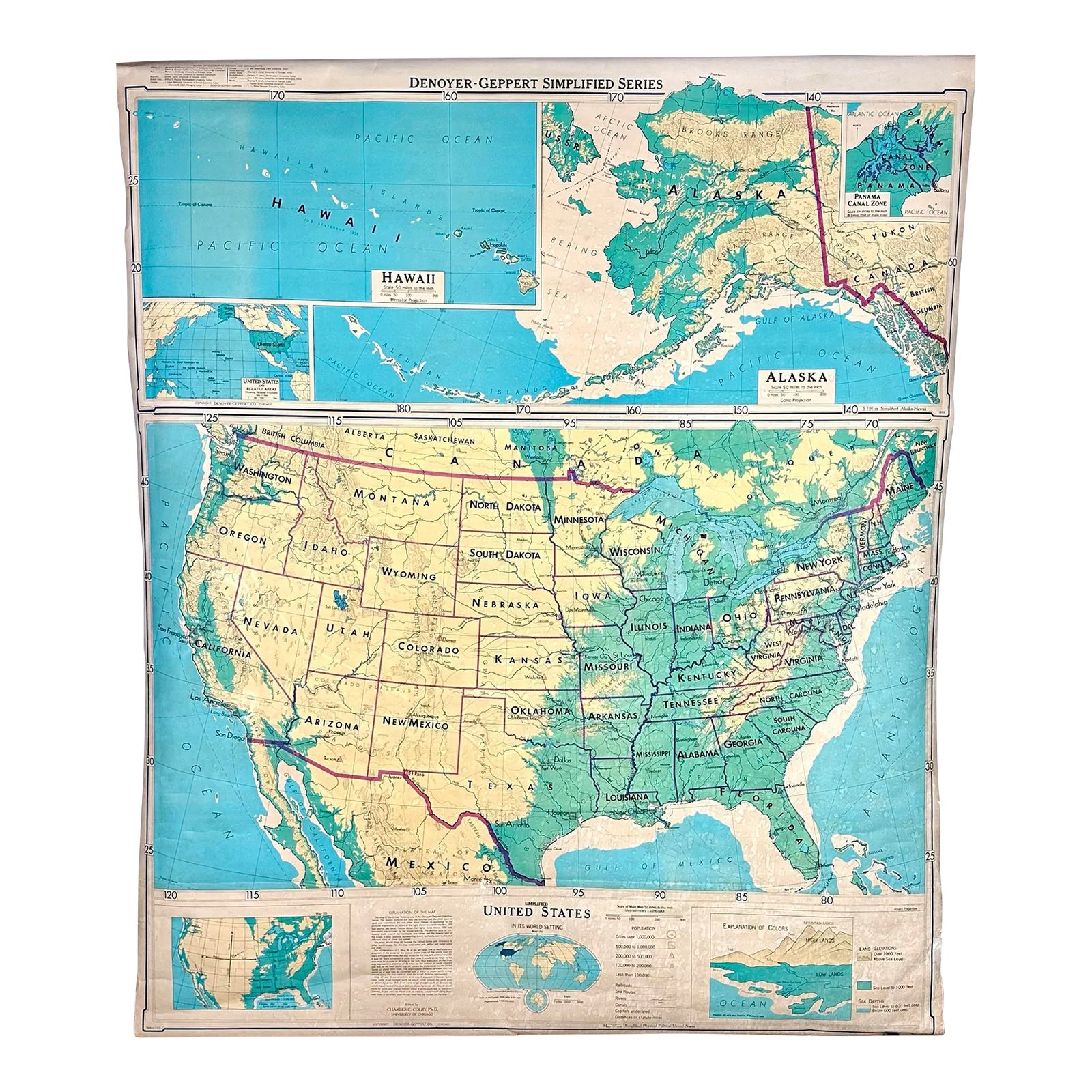 Vintage 1960’s United States School Wall Map by Denoyer-Geppert | Chairish