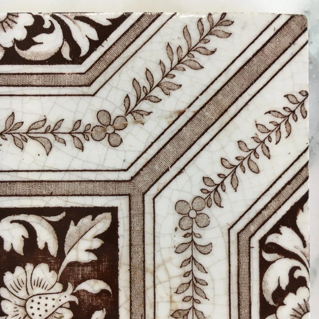 1880s Victorian Aesthetic Movement Floral Center Brown Tile | Chairish