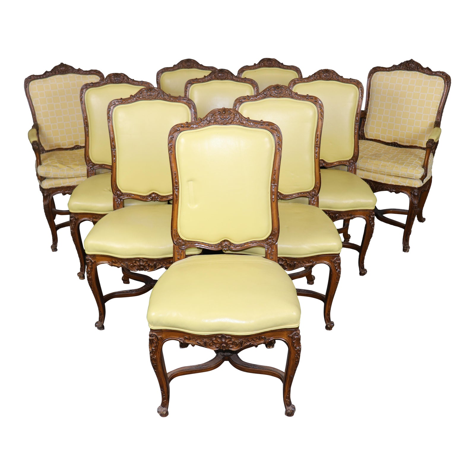 Large and Rare Set 10 French Carved Walnut Louis XV Dining Chairs Faux ...