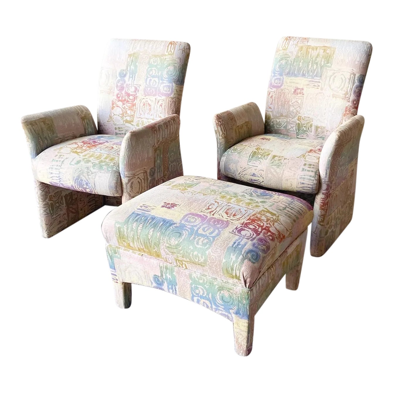 Postmodern Multicolored Sculpted Armchairs With Ottoman | Chairish