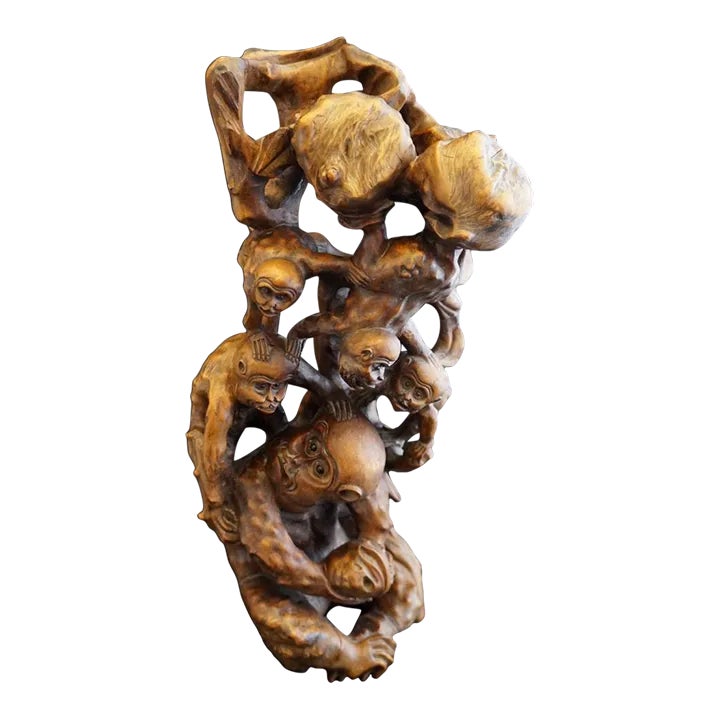 Mid 20th Century Vintage Root Carving of Monkeys and Peaches | Chairish