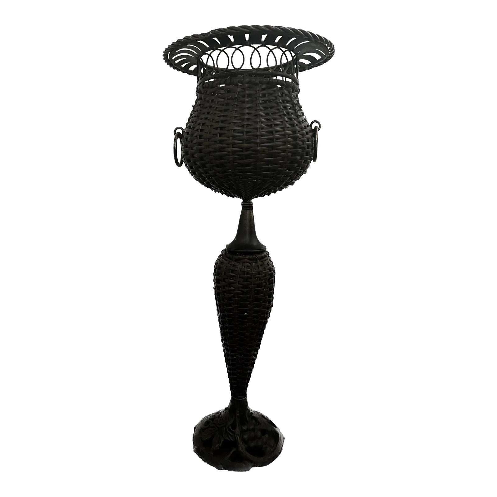 Rustic Victorian Mid-Century Wicker and Wrought Iron Vase Stand | Chairish