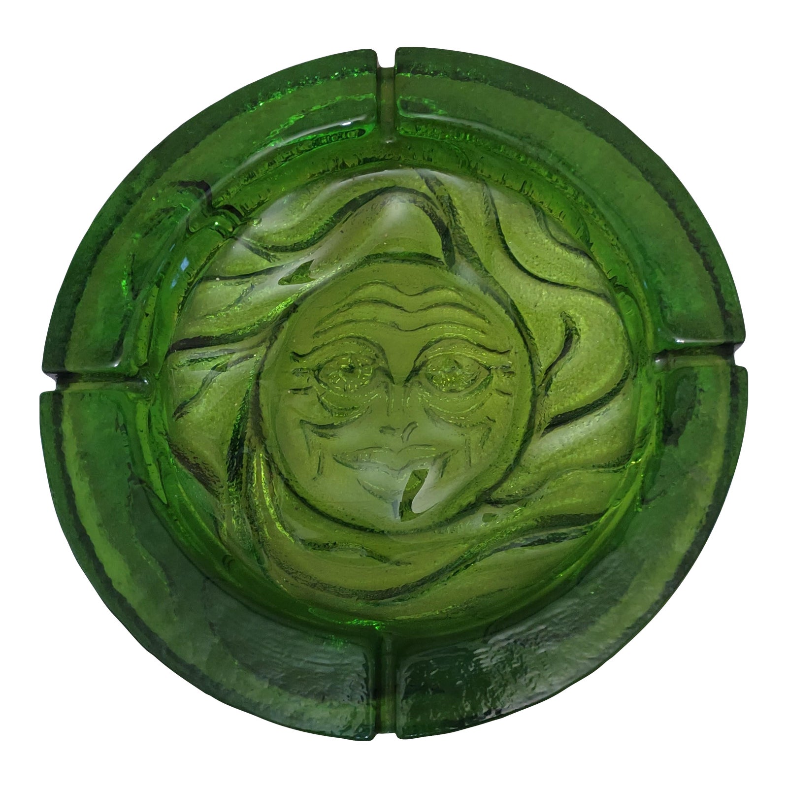 Large Vintage Mid Century Blenko Ashtray With Smiling Sun Face | Chairish