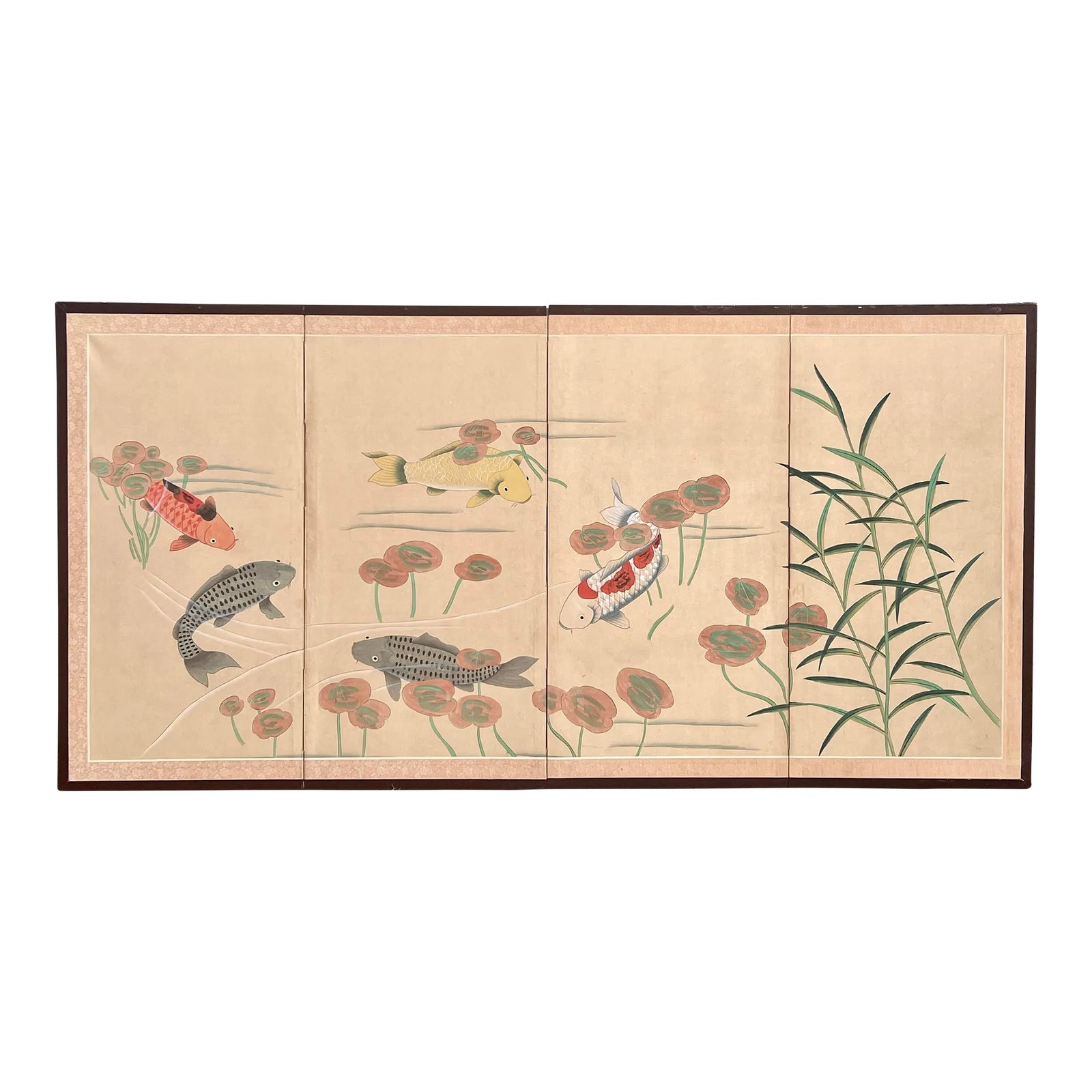 Chinese Koi Fish Painted Silk Folding Screen | Chairish