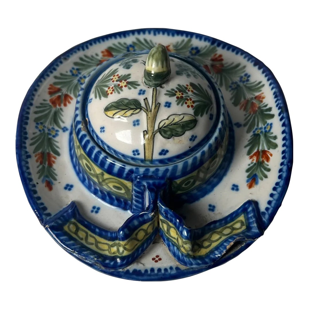 Antique Quimper Hat Shaped Inkwell, French Faience | Chairish