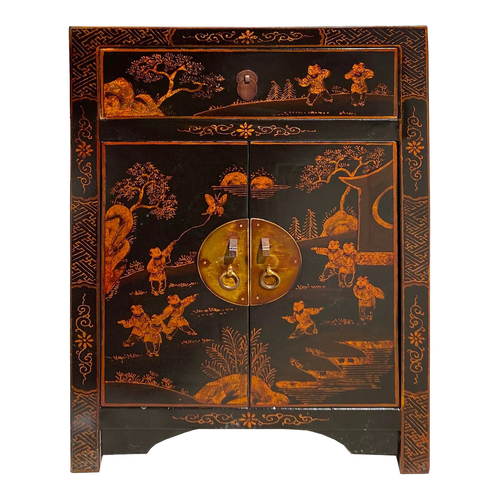 Chinese Distressed Black Copper Scenery Graphic End Table Nightstand ...