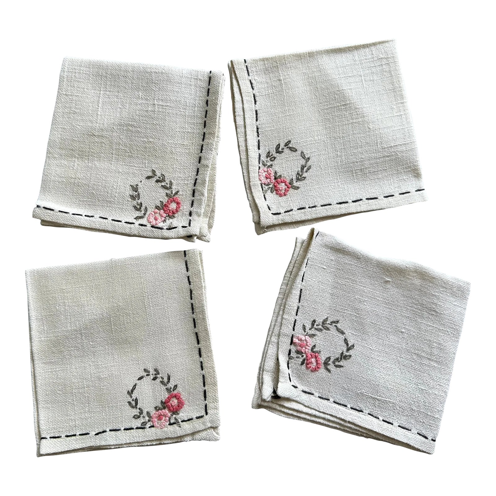 Vintage Handmade Linen Cocktail Napkins With Floral Hand Embroidery ...