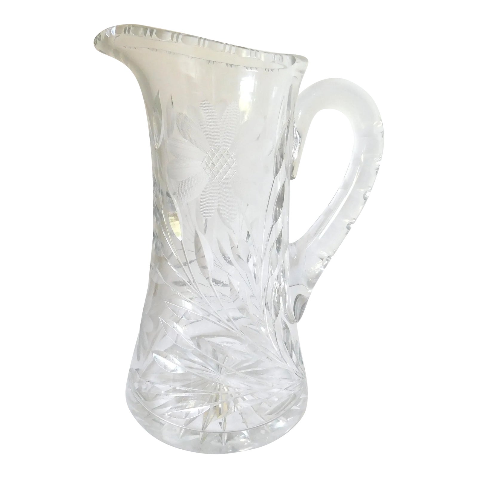 Heavy Brilliant Cut Crystal Vintage Pitcher, Floral & Leaf Design ...