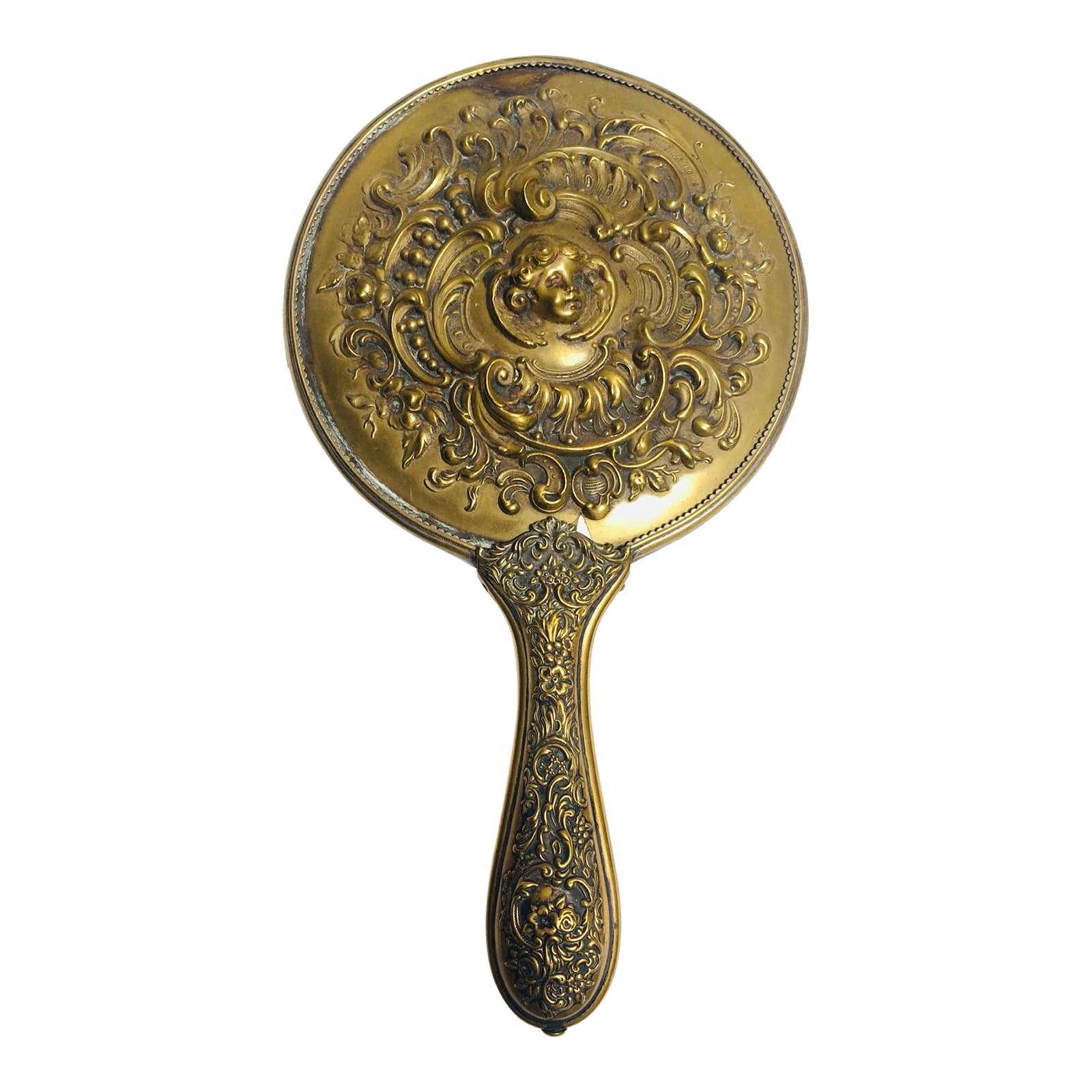 1890’s Antique Victorian Gold Hand Mirror Angel Face | Chairish