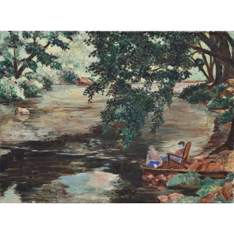 Joseph Yeager Sitting by the Lake Landscape 1940 | Chairish