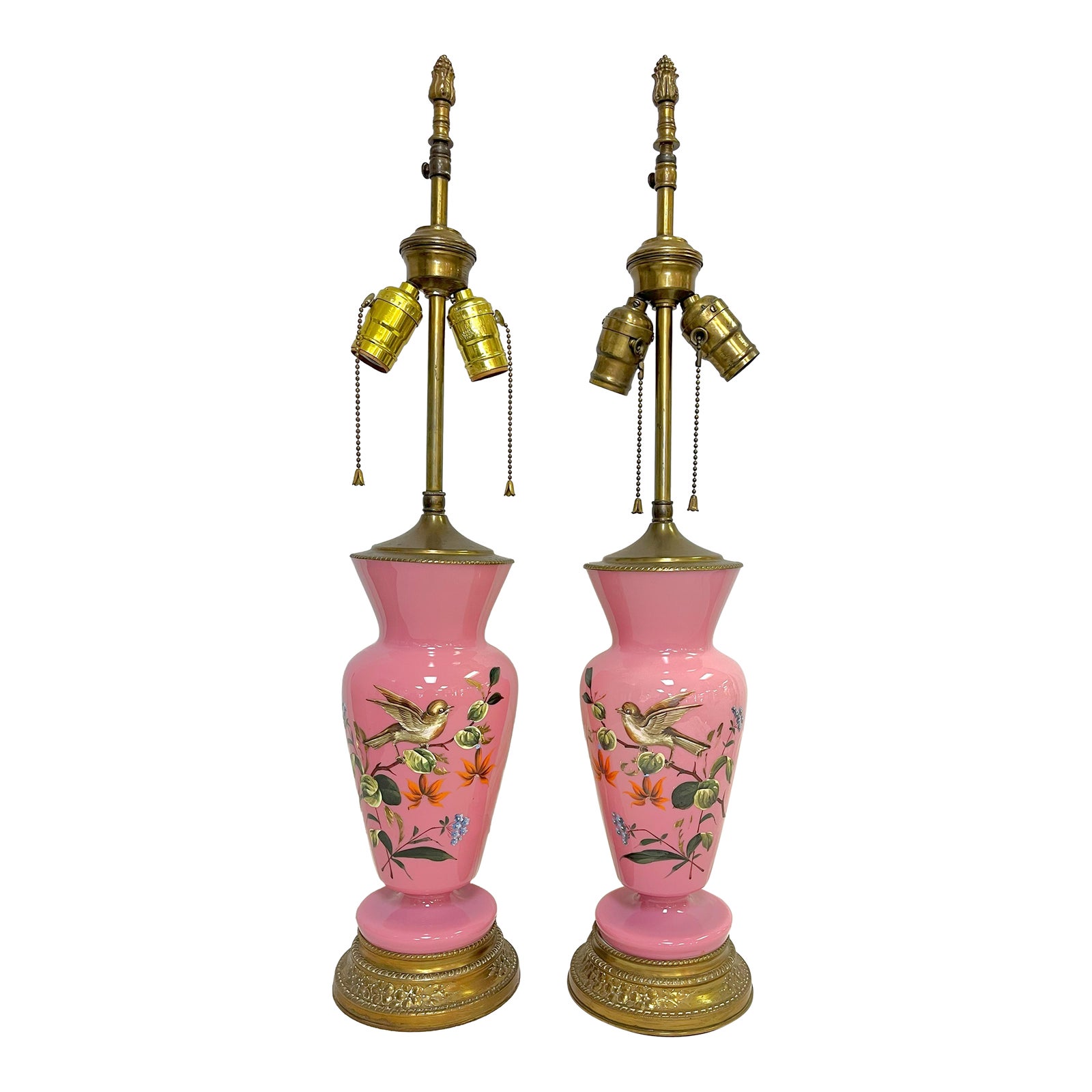 Early 20th Century Pink Bristol Glass Lamps With Hand Painted Bird ...