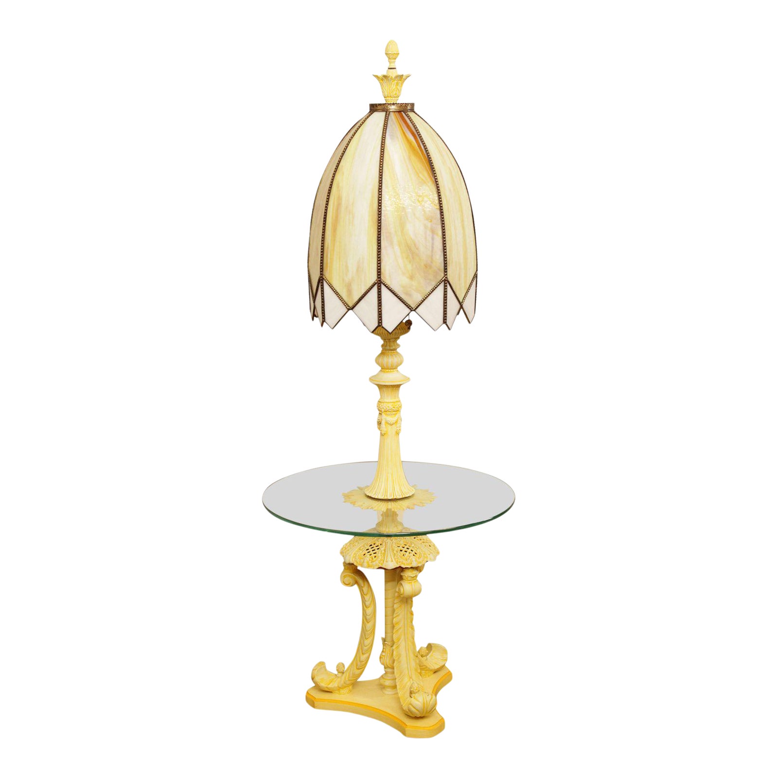 Hollywood Regency Vintage Yellow Slag Glass Floor Lamp Table | Chairish