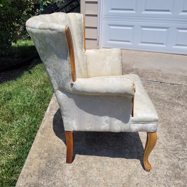 1970s Queen Anne Channel Back Wingback Chair With Carved Wood Frame ...
