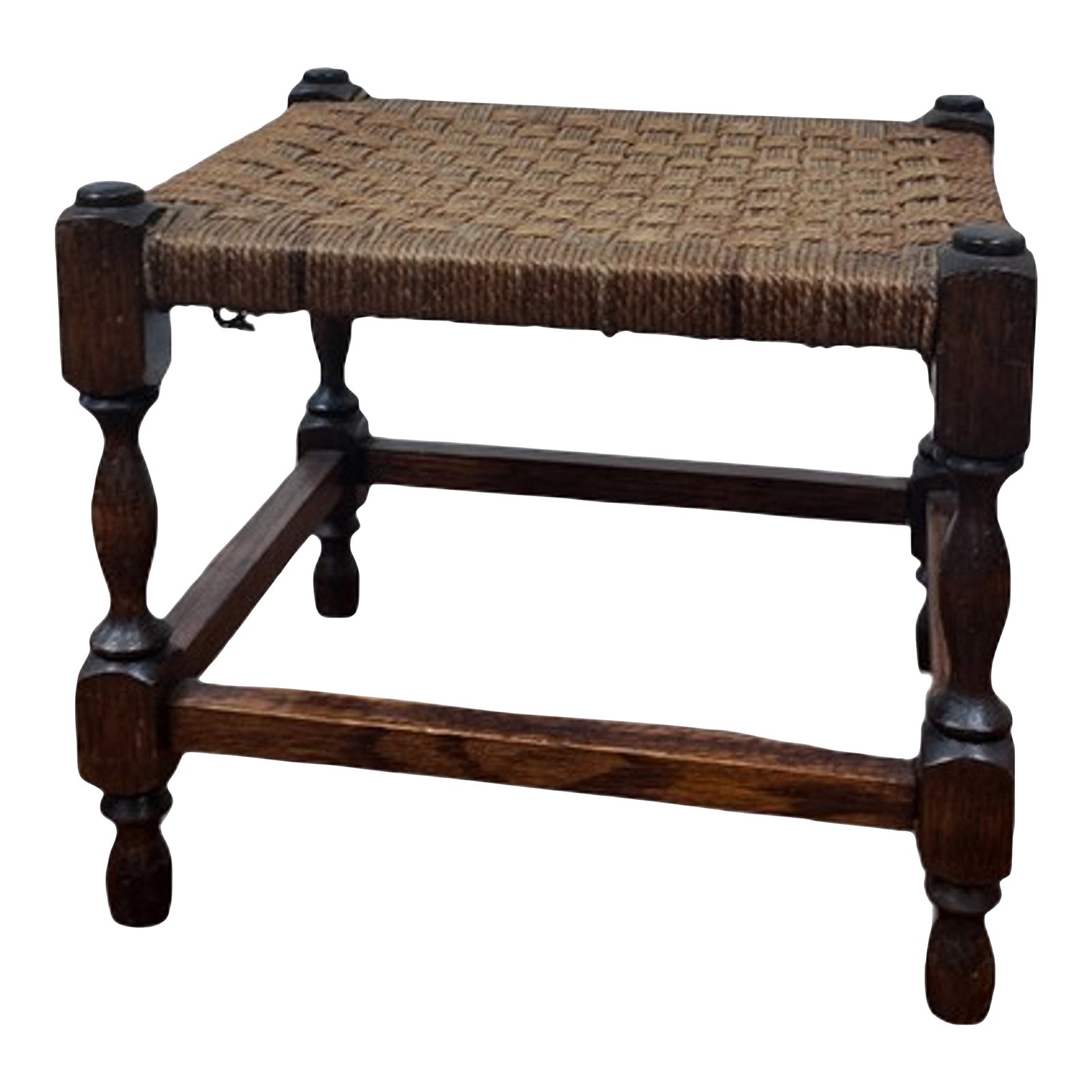 Mid 20th Century Vintage Woven Cord and Turned Oak Footstool | Chairish