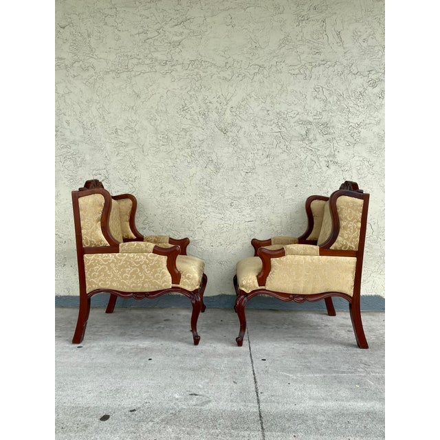 1920s Carved Mahogany French Library Silk Wingback Chairs - Set of 2 ...