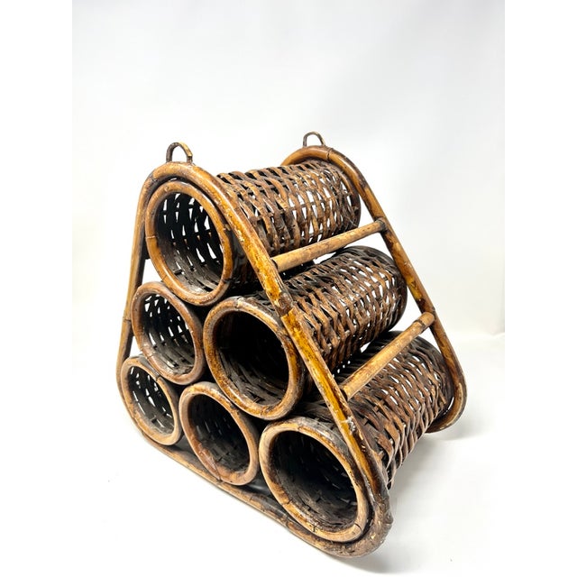 Vintage Mid-Century Boho 6 Bottle Rattan Wine Rack | Chairish