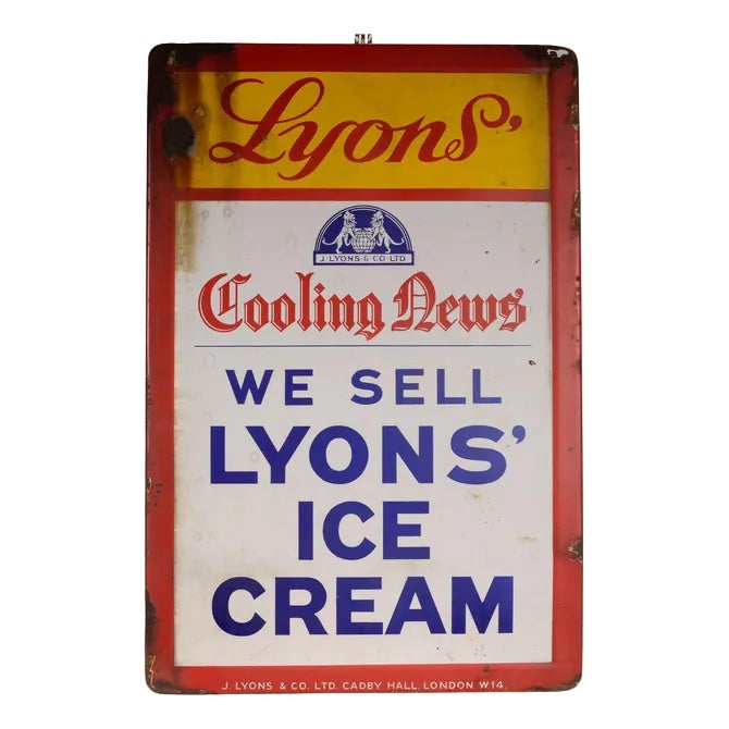 Lyons Ice Cream Enamel Advertising Sign, 1920s | Chairish
