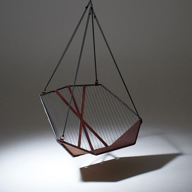 Modern Brown & Black Leather Angular Sling Swing Chair | Chairish