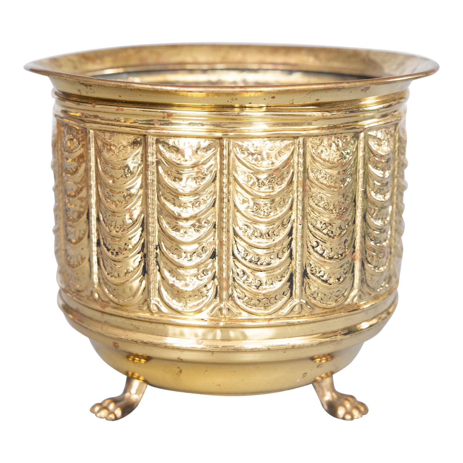 Vintage English Repoussé Brass Footed Cachepot Planter | Chairish
