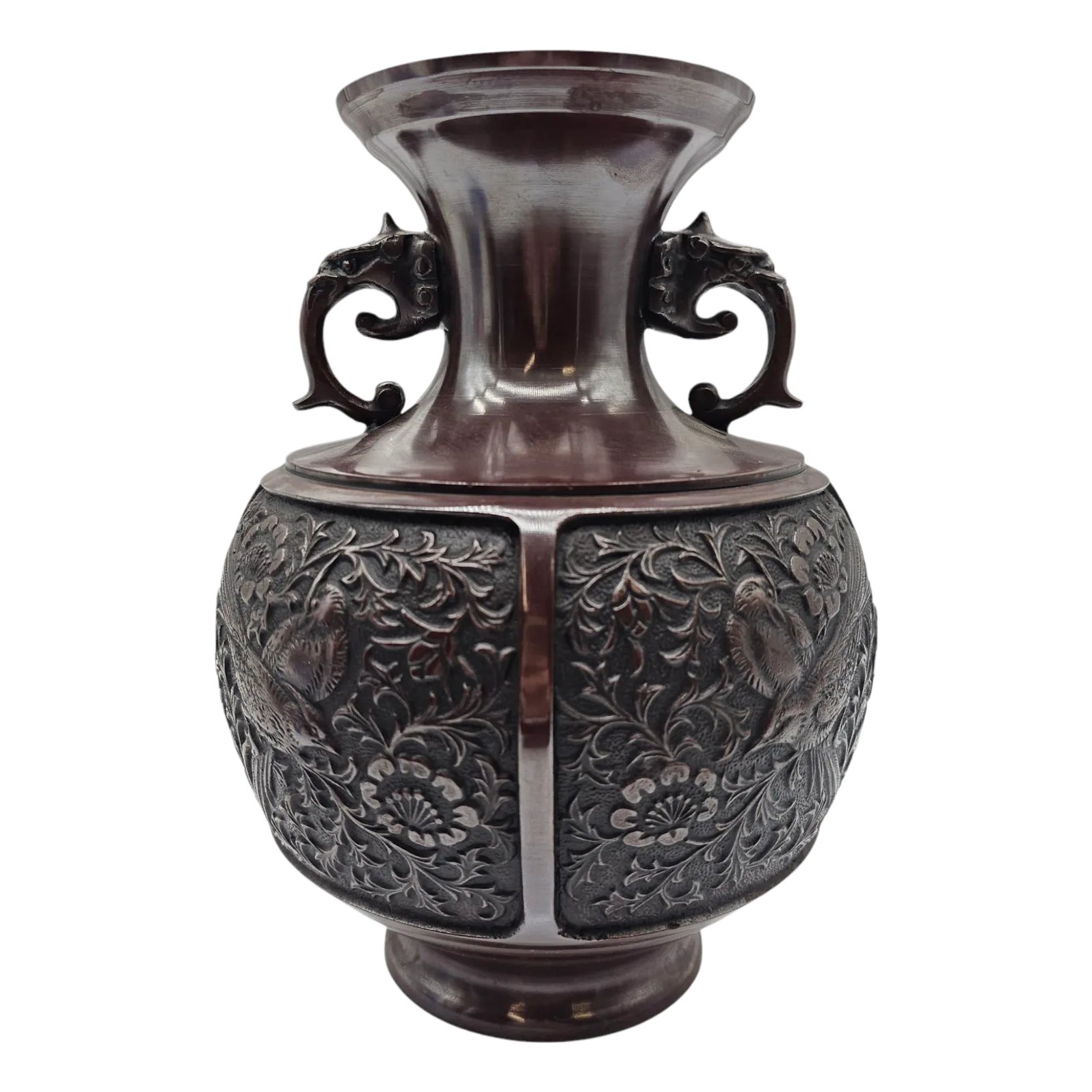 Early Showa Japanese Bronze Shrine Vase With Repoussé Birds and Dragon ...