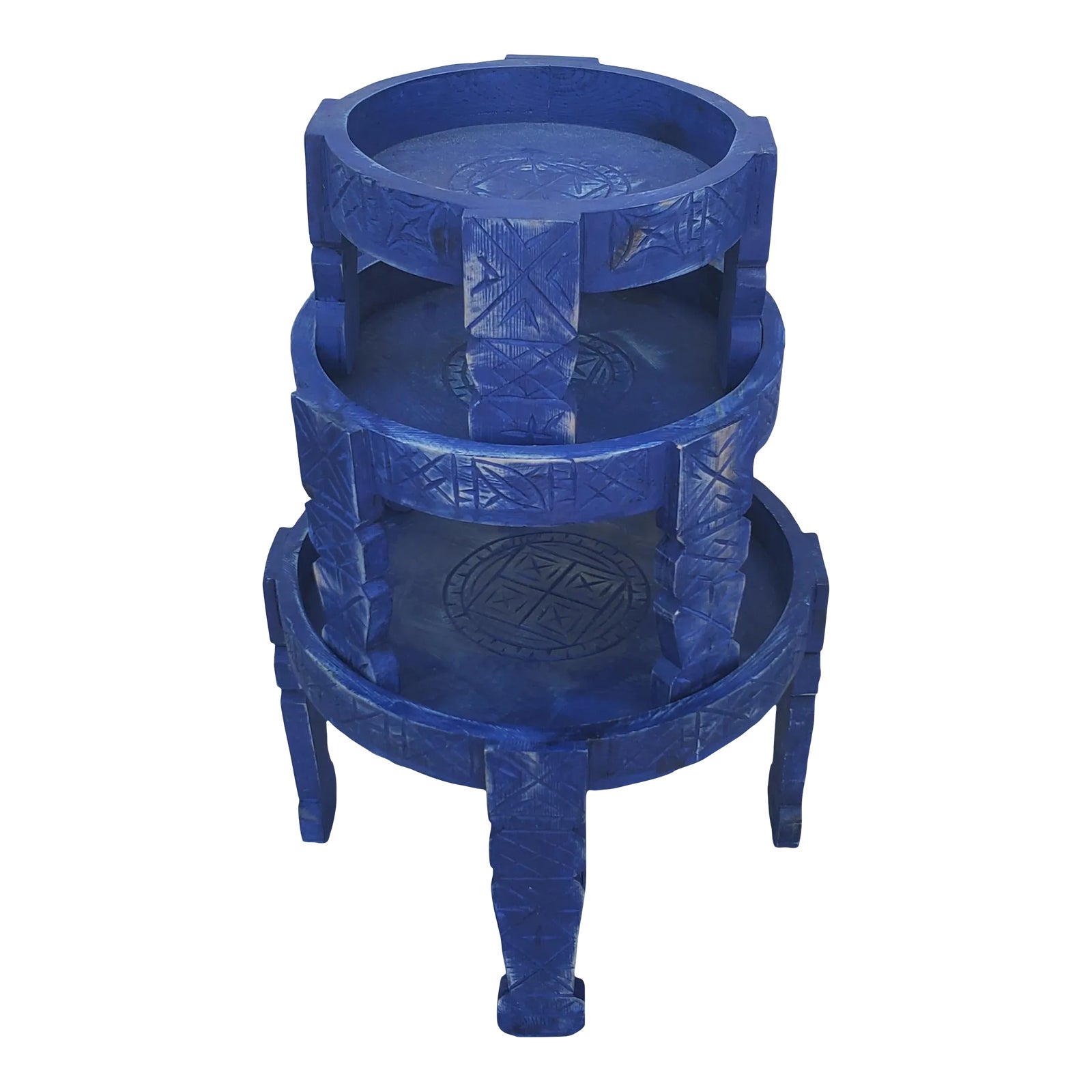 Moroccan Hand Carved Blue Wooden Table / Berber Style Tayfour Set of 3 ...