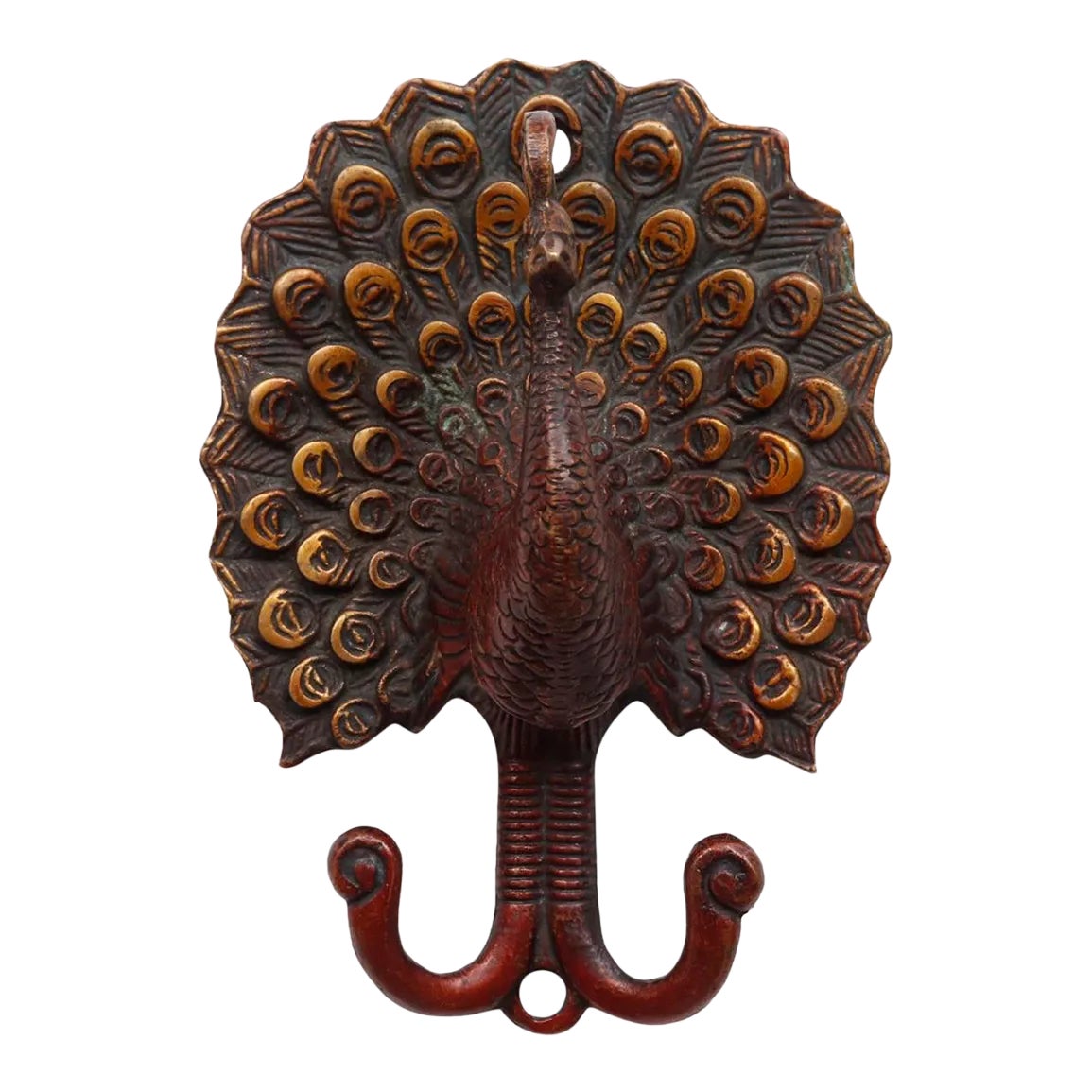 Dark Red Brass Peacock Wall Hooks | Chairish