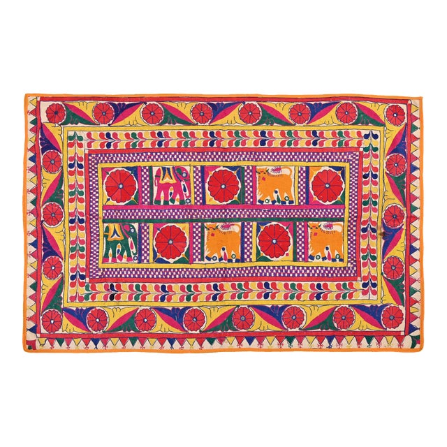 1930s Vintage Multicolor Hand Embroidery Indian Tapestry | Chairish
