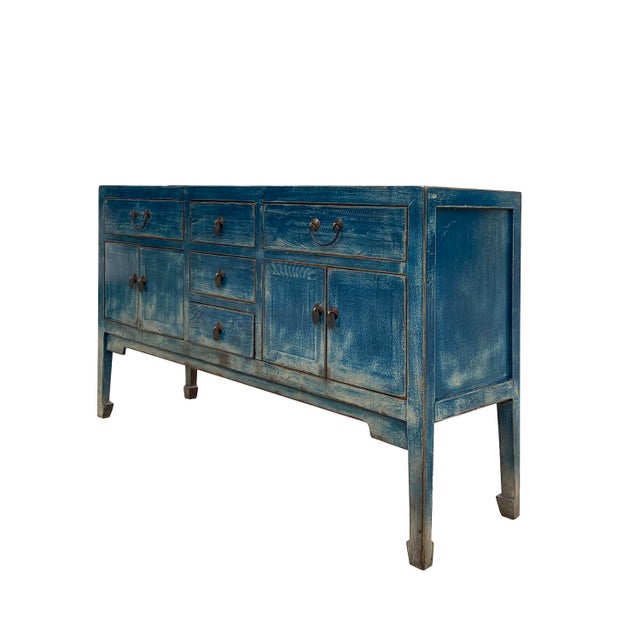 Distressed Teal Sailor Blue Tall Console Table Cabinet Credenza | Chairish