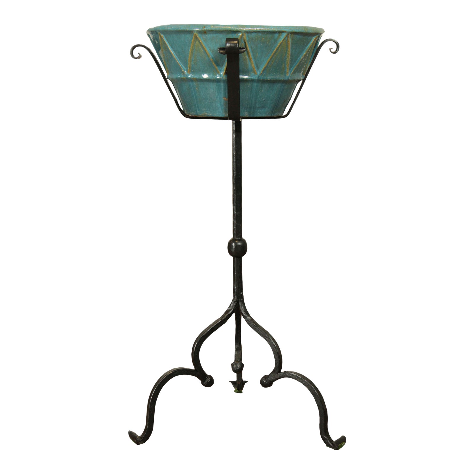 Antique Hand Forged Iron Pedestal Plant Stand with Art Pottery Planter ...