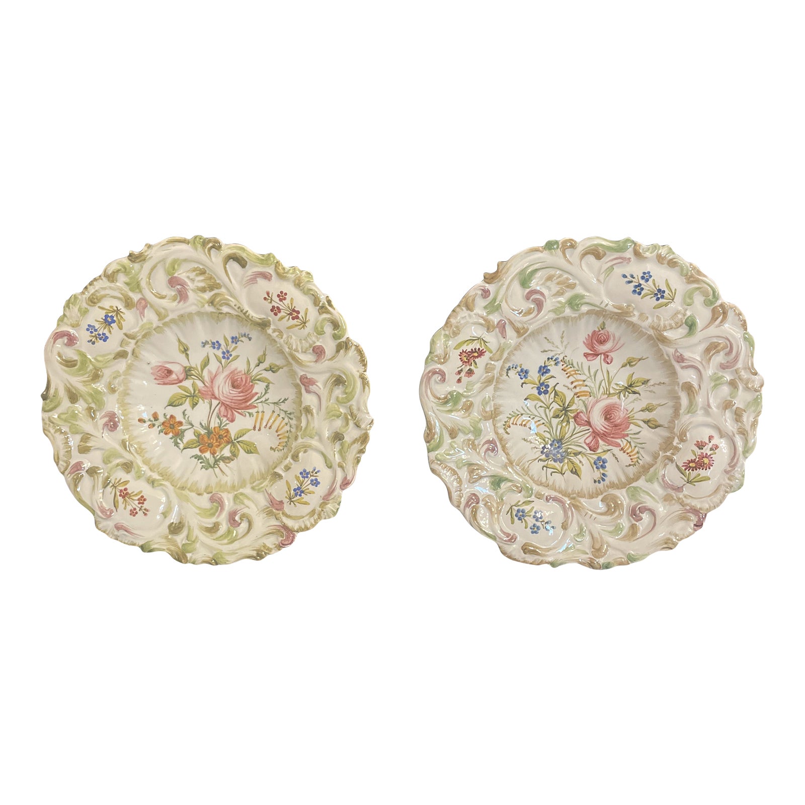 Pair of Vintage Green Floral Plates | Chairish