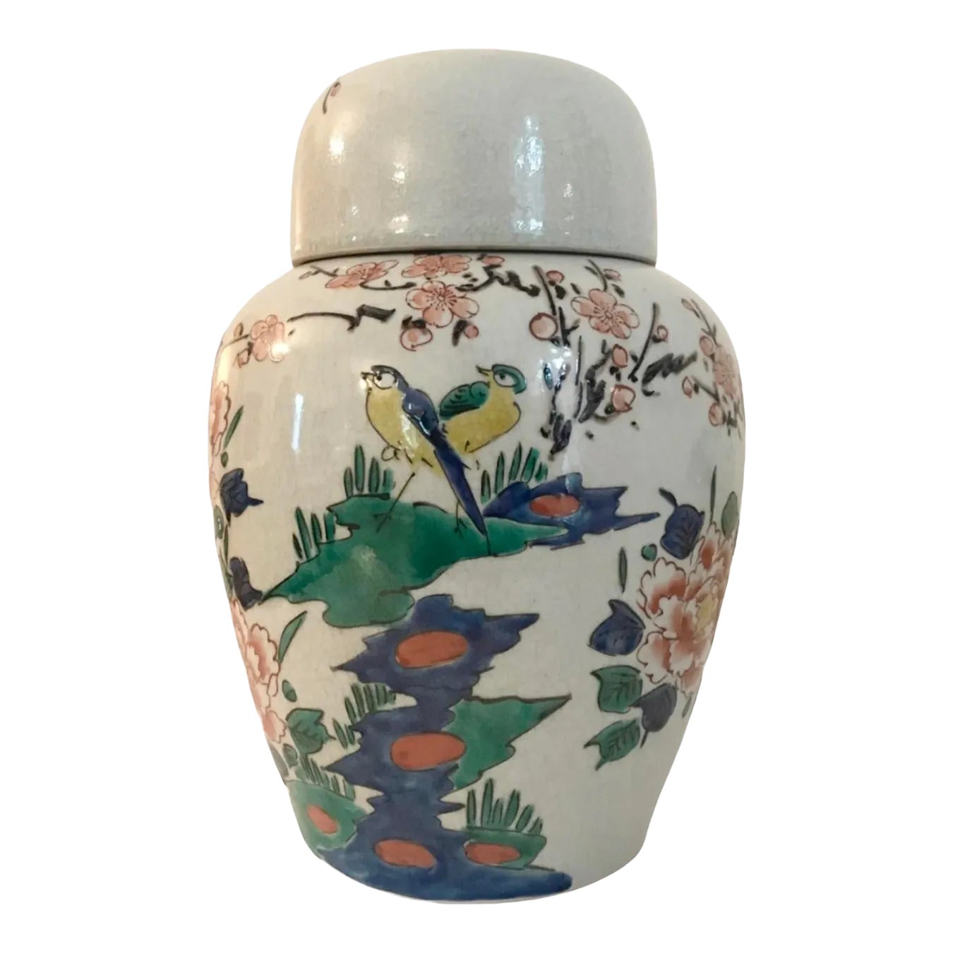 Vintage Japanese Ceramic Birds & Flowers Ginger Jar Covered Urn | Chairish