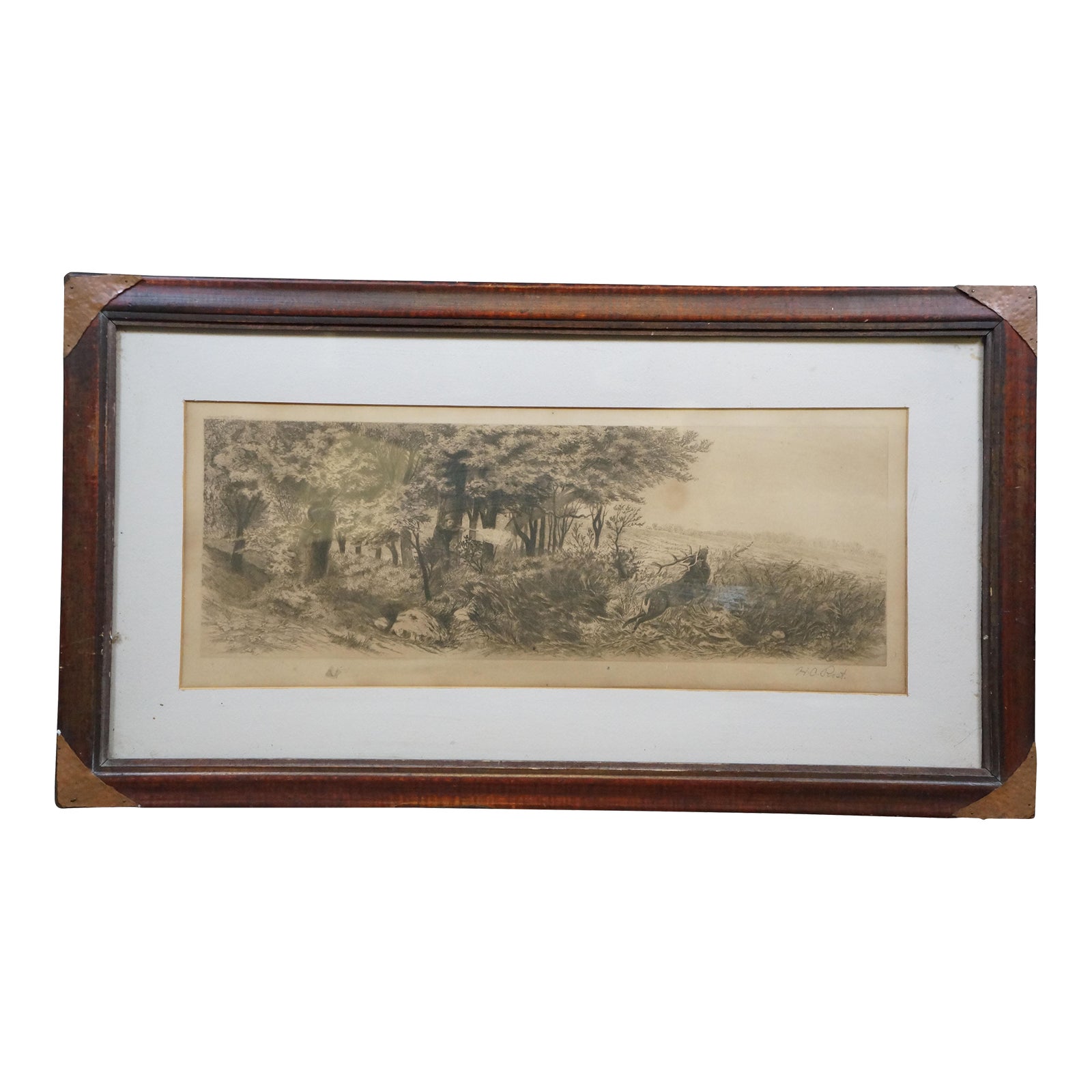 Antique Hc Rost Signed Hunt Theme Forest Elk Stag Landscape Etching 31 ...