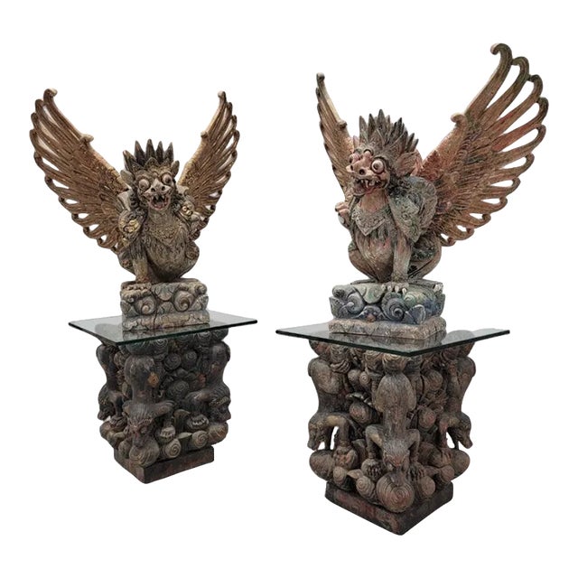 Antique Hand Carved Polychromed Balinese Garuda Statues on Glass Top ...