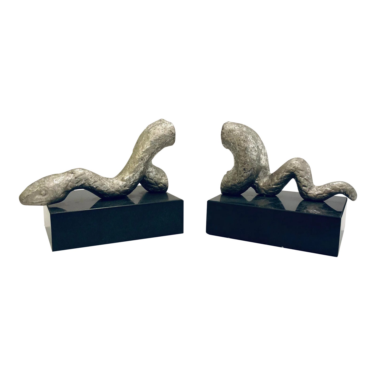 Modern Textured Silver Metal Serpentine Bookends Pair | Chairish
