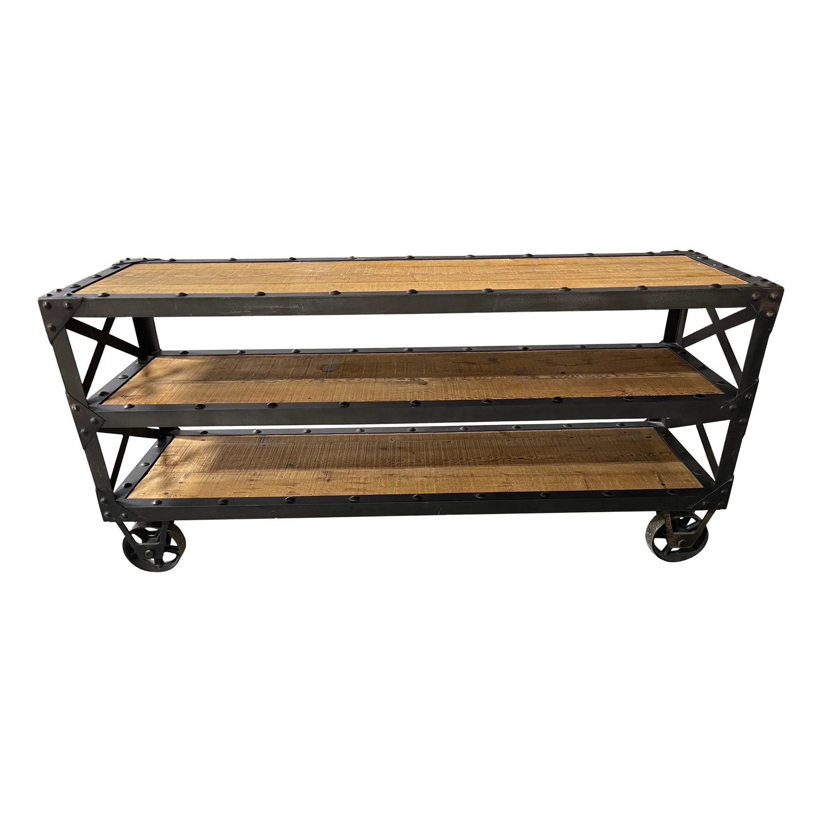 Industrial Three Shelf Metal and Wood Console on Casters, 21st Century ...