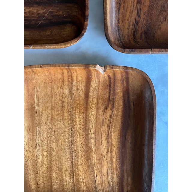 Set of 7 Vintage Square Monkeypod Wood Plates | Chairish