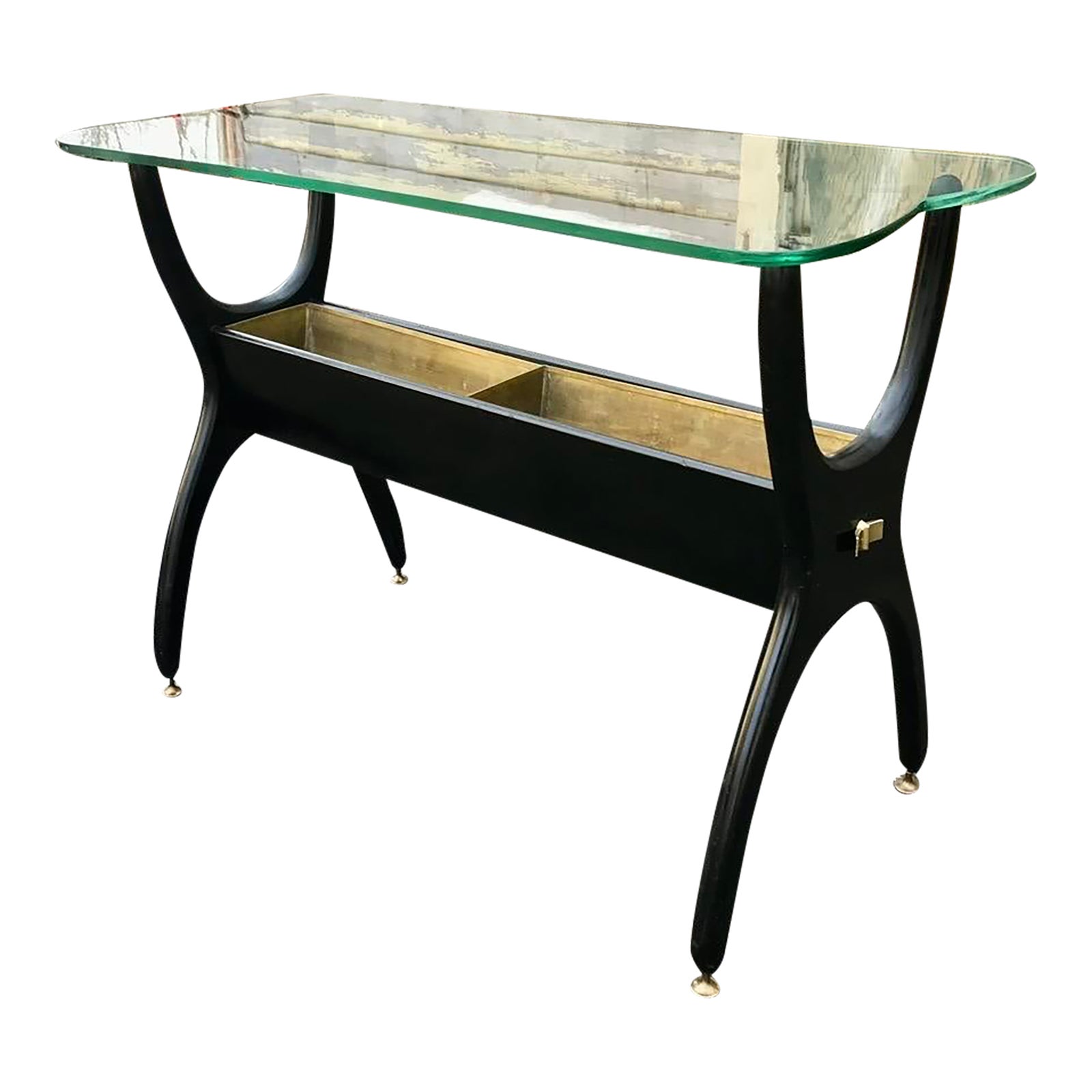 Mid Century Sculptural Console Table W/ Brass Planters | Chairish