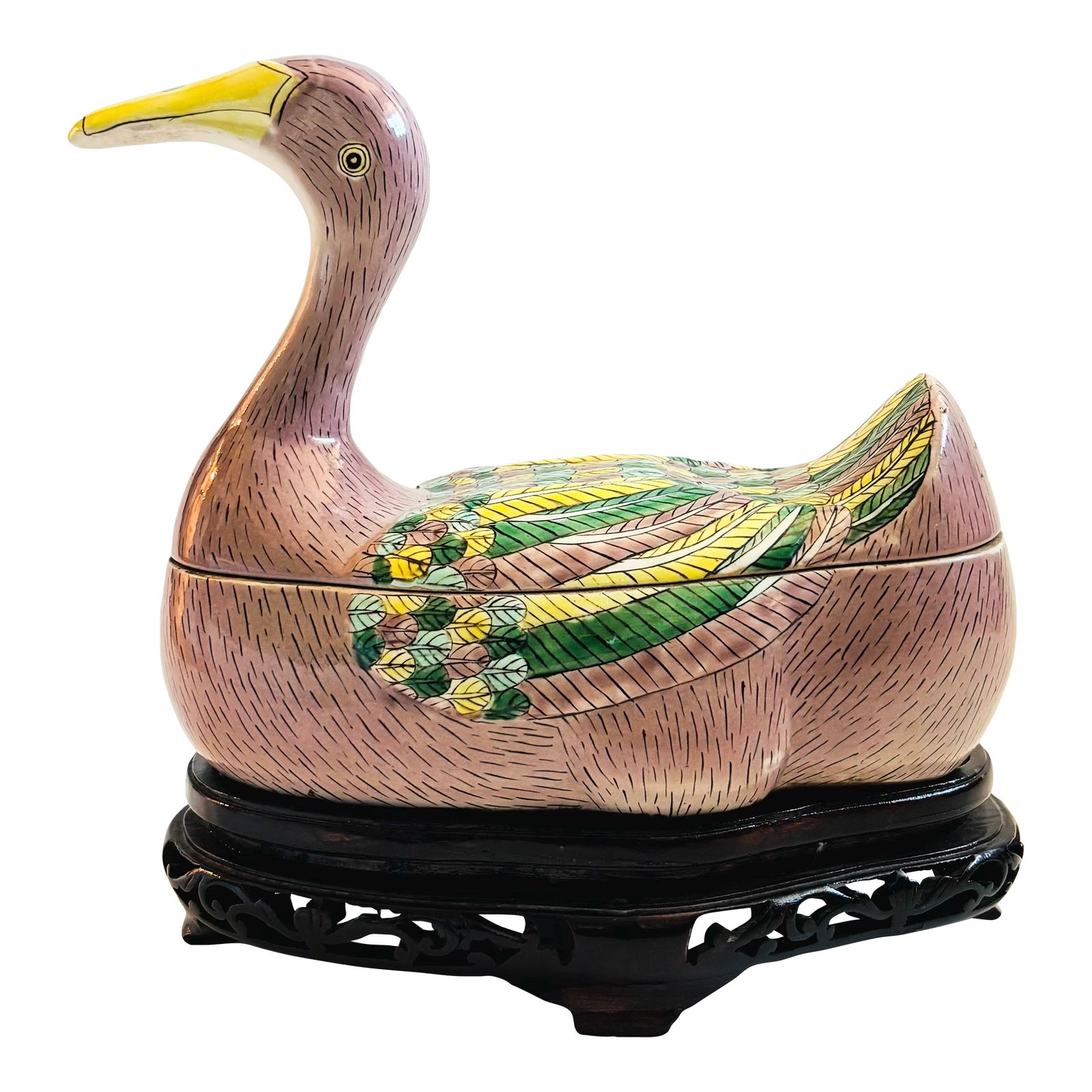 Chinese Porcelain Duck Tureen on Carved Wood Stand | Chairish