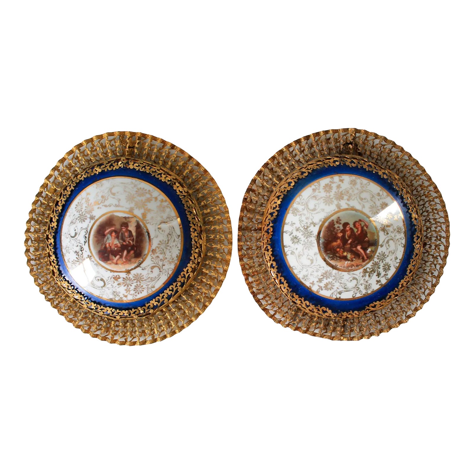 Pair of Vintage Victorian Porcelain & Brass Filigree Wall Hangings ...