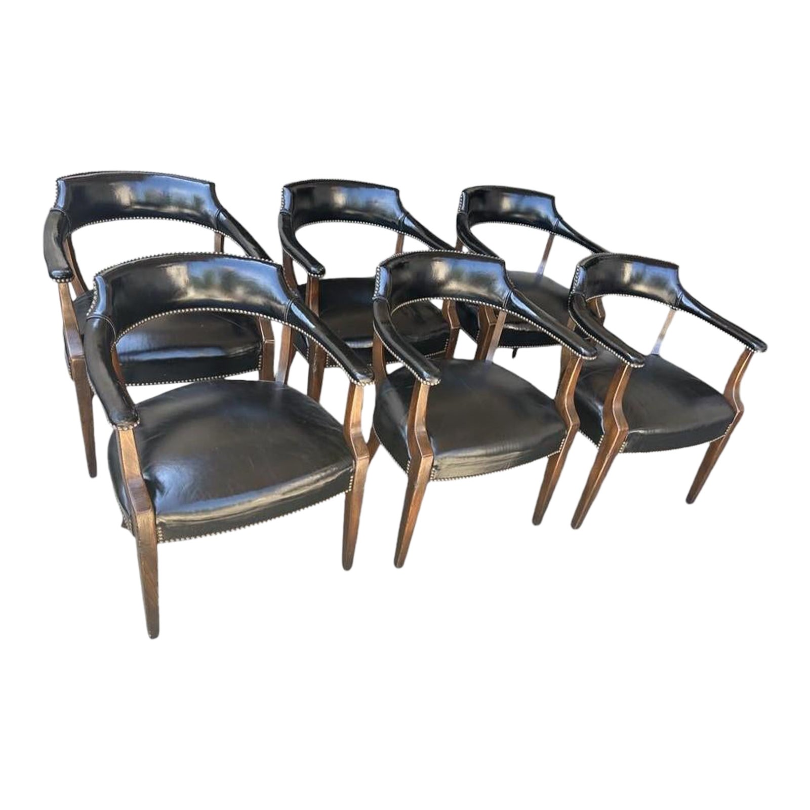 Set of 6 Hickory Chair Furniture Company Attributed Black Leather and ...