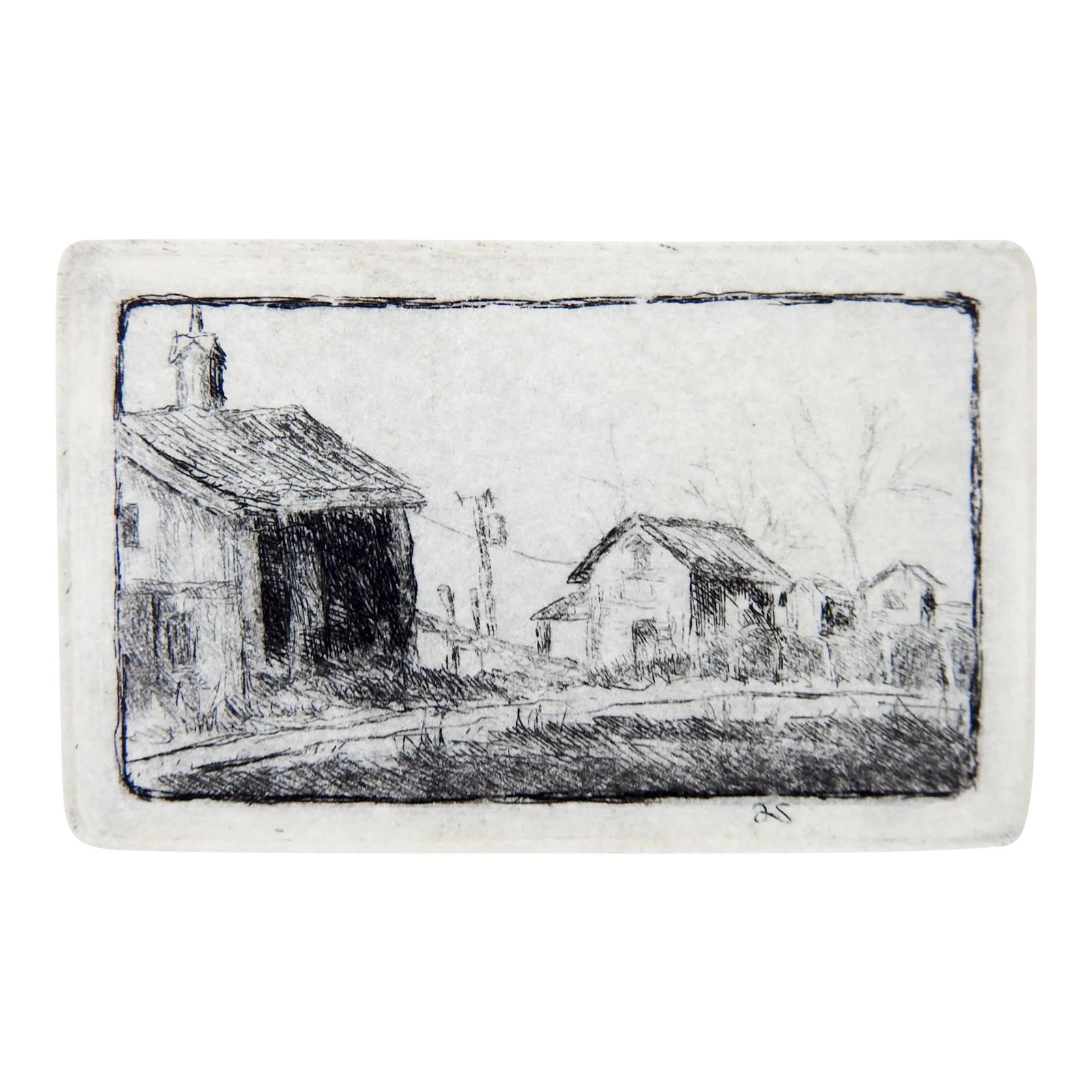 Small Vintage Rustic Farm House Etching | Chairish
