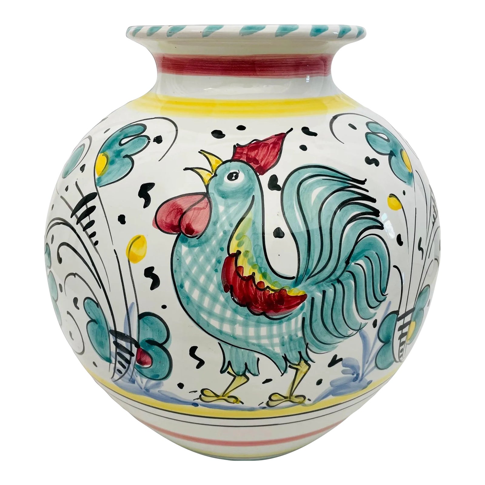 Large 10” Deruta Hand Painted Rooster Round Bulb Vase, Italy | Chairish