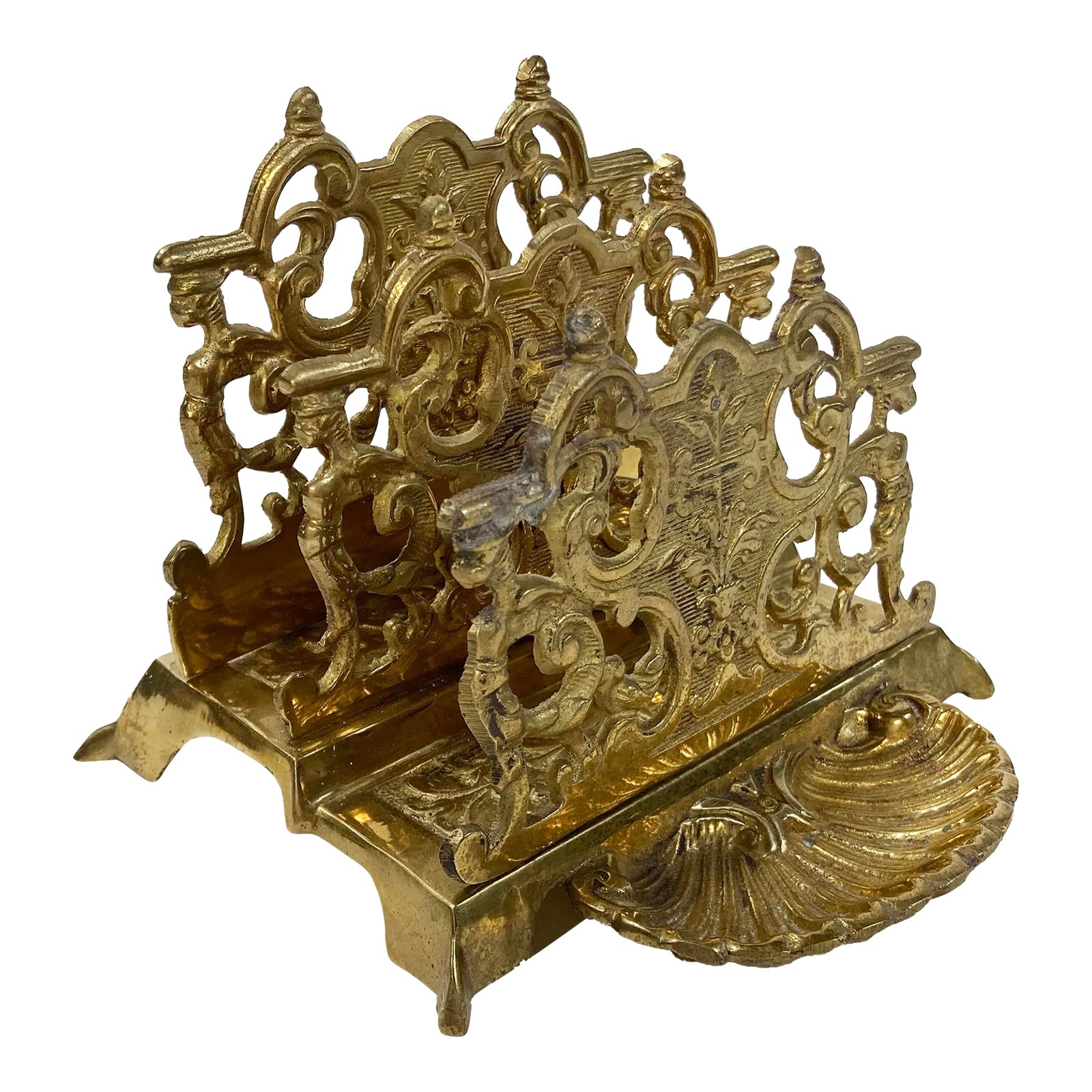 Vintage Art Nouveau Style Brass Letter Holder With Coin Tray | Chairish