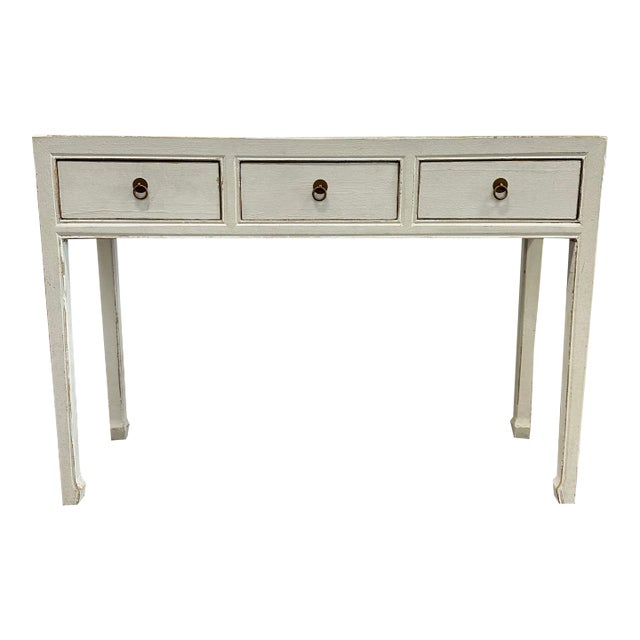 3 Drawer Distressed White Ming Console Table | Chairish