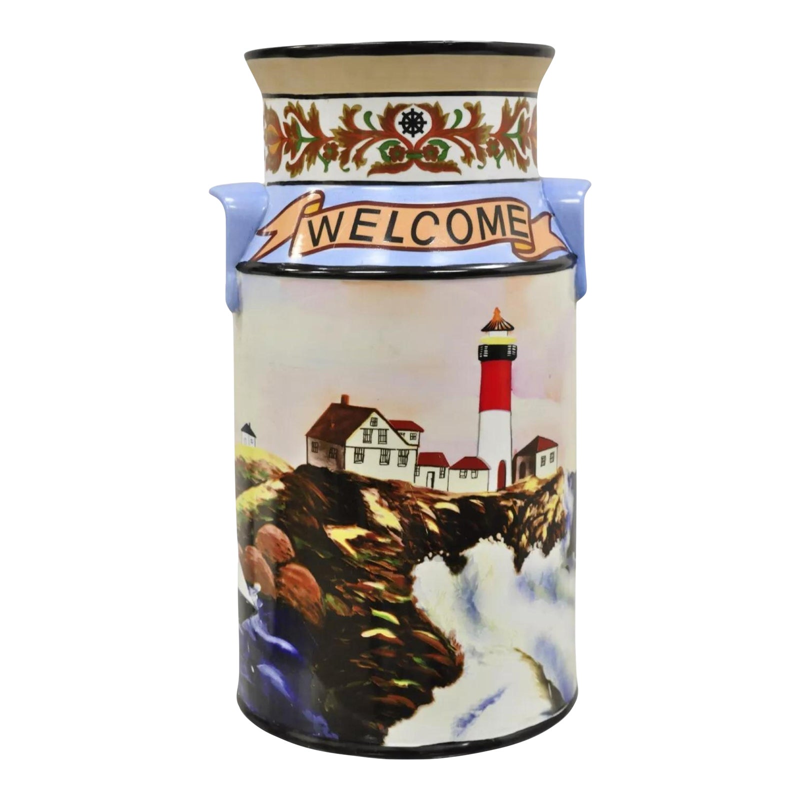 Late 20th Century Vintage Nautical Painted Lighthouse and Flag Ceramic ...