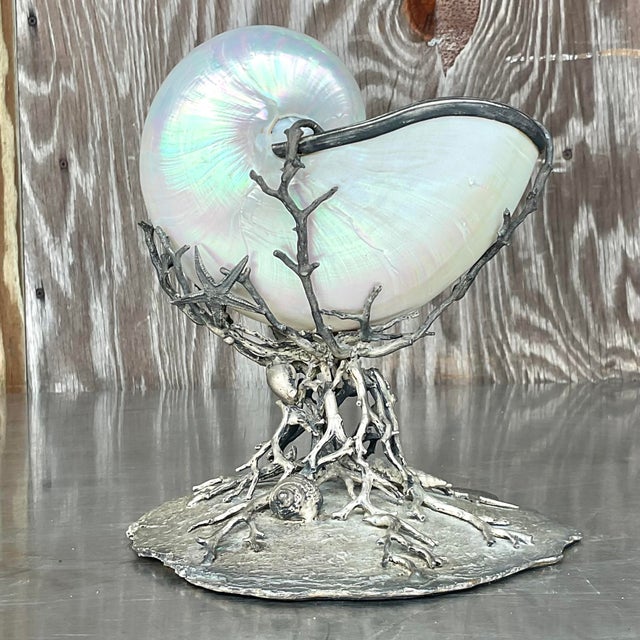Vintage Coastal Nautilus Shell in Metal Faux Bois Cradle | Chairish