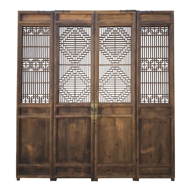Antique Chinese 4 Panel Lattice Wood Screen Doors | Chairish