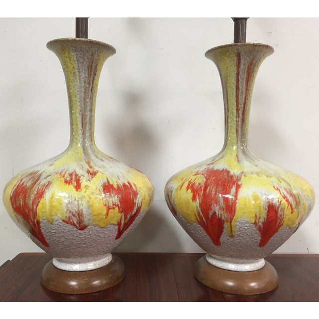 Mid-Century Yellow & Red Table Lamps - A Pair | Chairish
