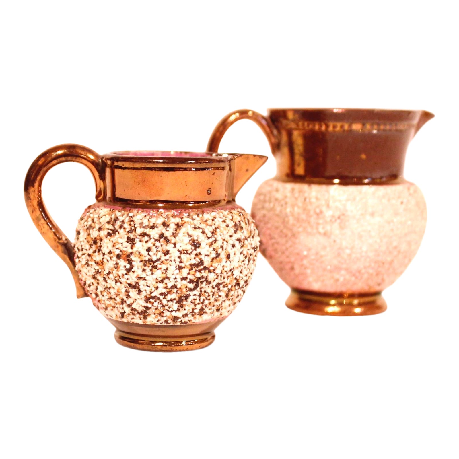 Pair Of Miniature Copper Lustre Ware Cream Pitchers With Low Relief
