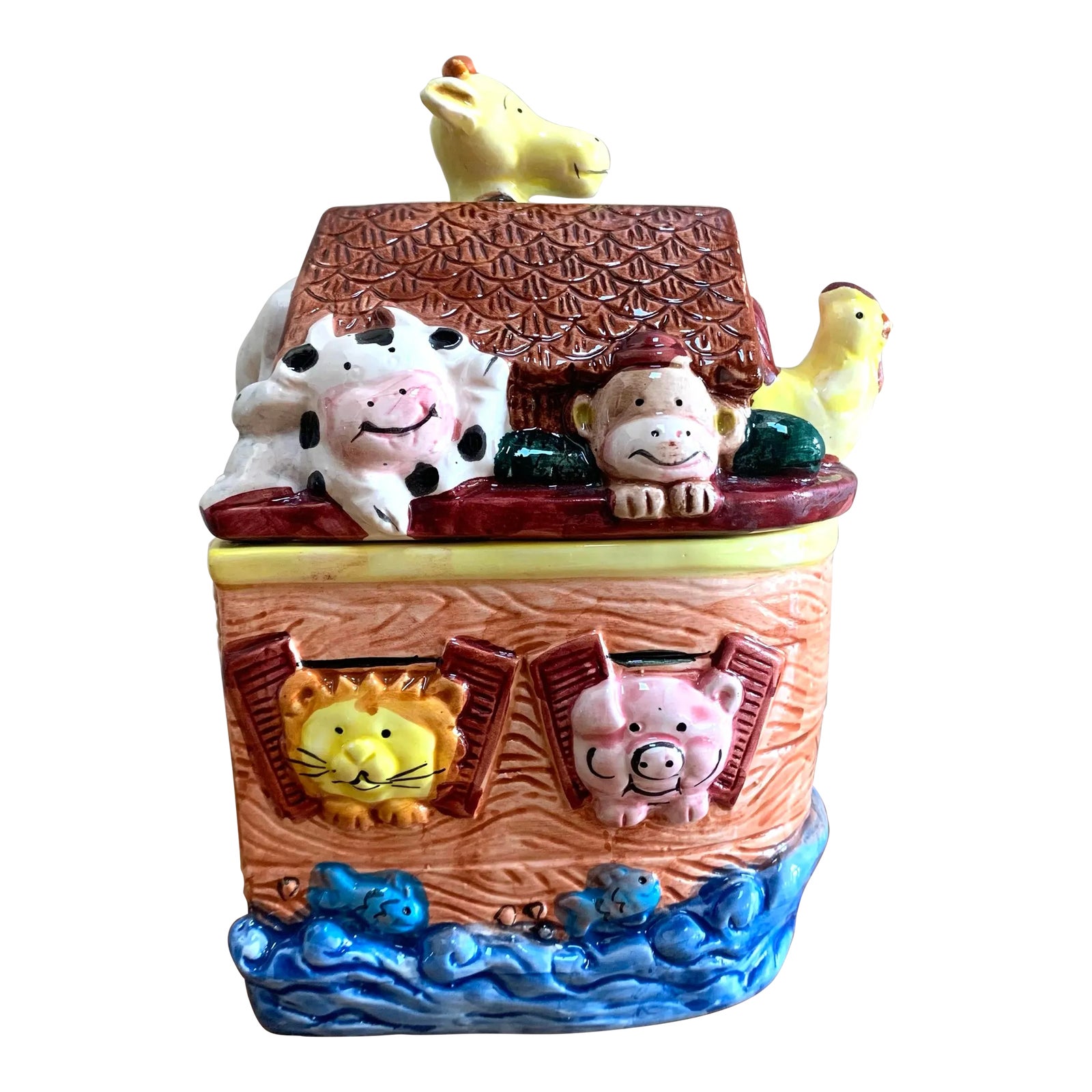 Noah’s Ark Hand Painted Ceramic Small Cookie Jar | Chairish